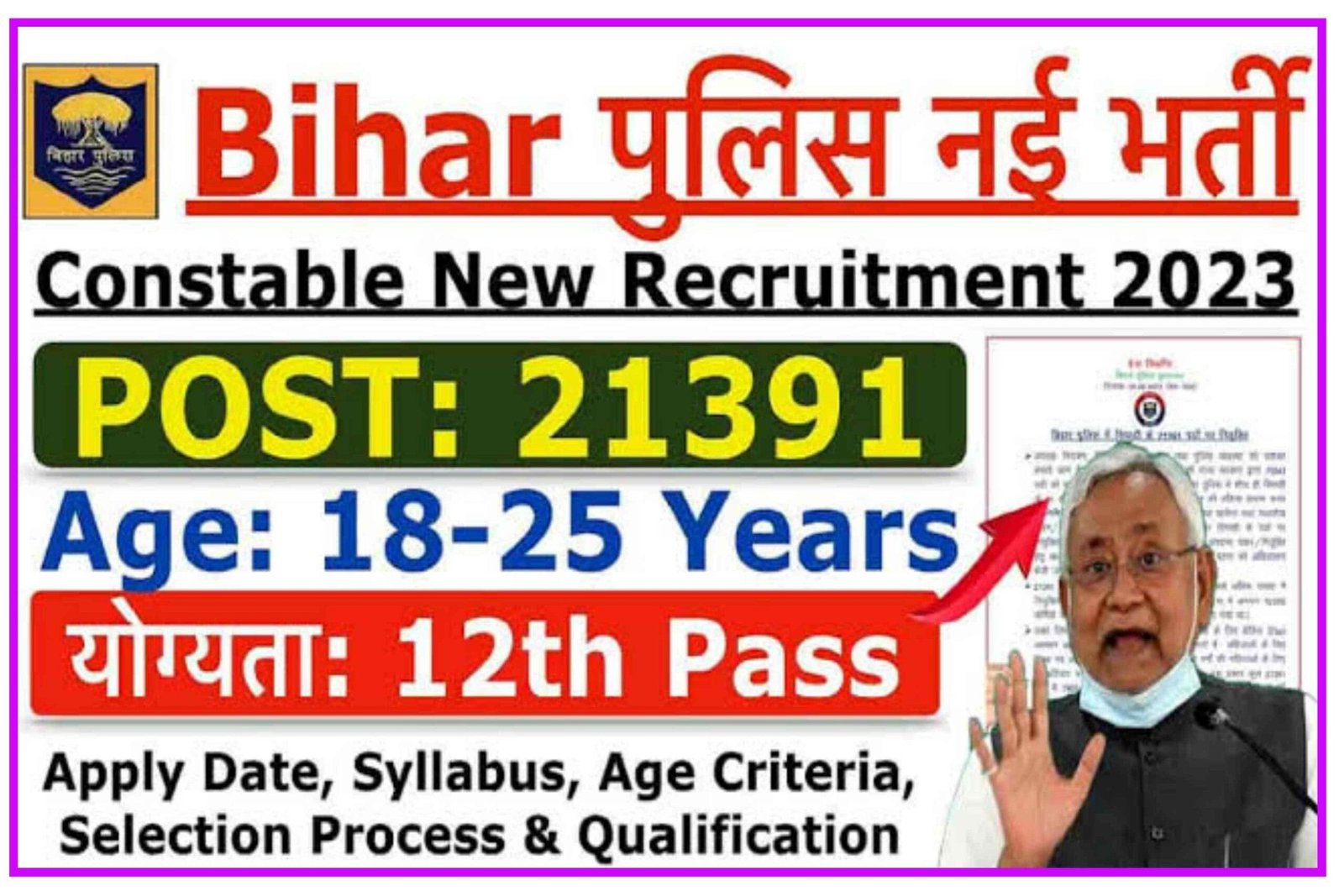Bihar Police Vacancy Online Form 2023: बिहार पुलिस मे 21,391 पदों